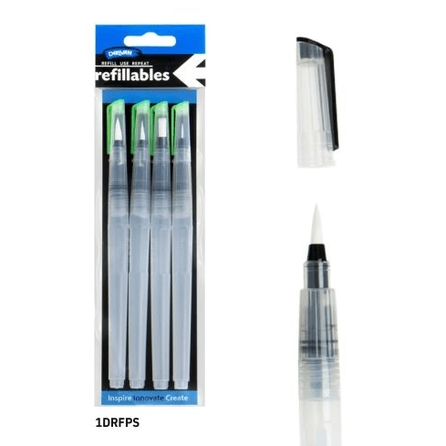 Derivan Refillables Water Pen Set 4pc (Round, Small, Med, Large, Flat ...